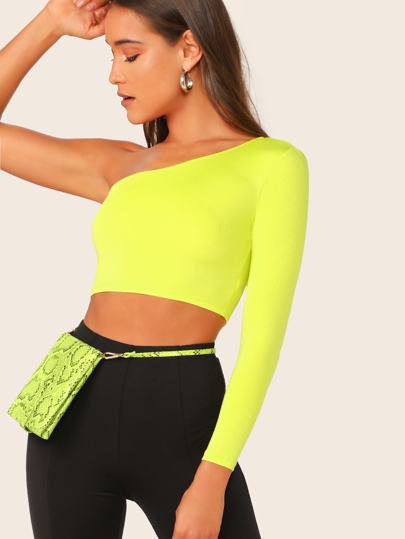 SHEIN Neon Lime One Shoulder Crop Tee | SHEIN USA