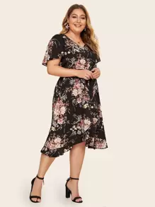 SHEIN Clasi Plus Floral Print Ruffle Asymmetrical Hem Dress | SHEIN USA