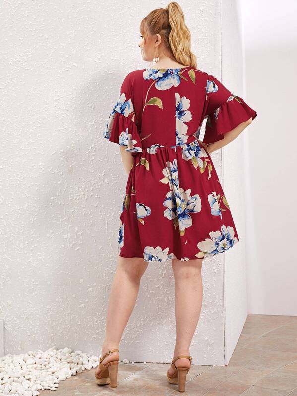 SHEIN Plus Ruffle Cuff Floral Print Dress | SHEIN USA