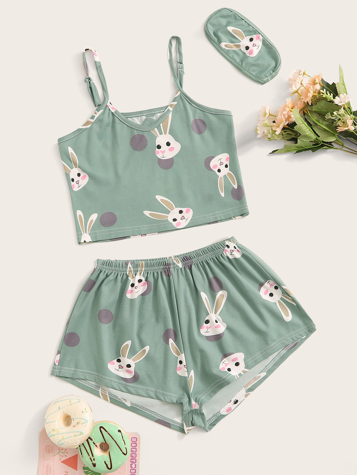 Girls Cartoon Print Cami PJ Set With Eye Mask
