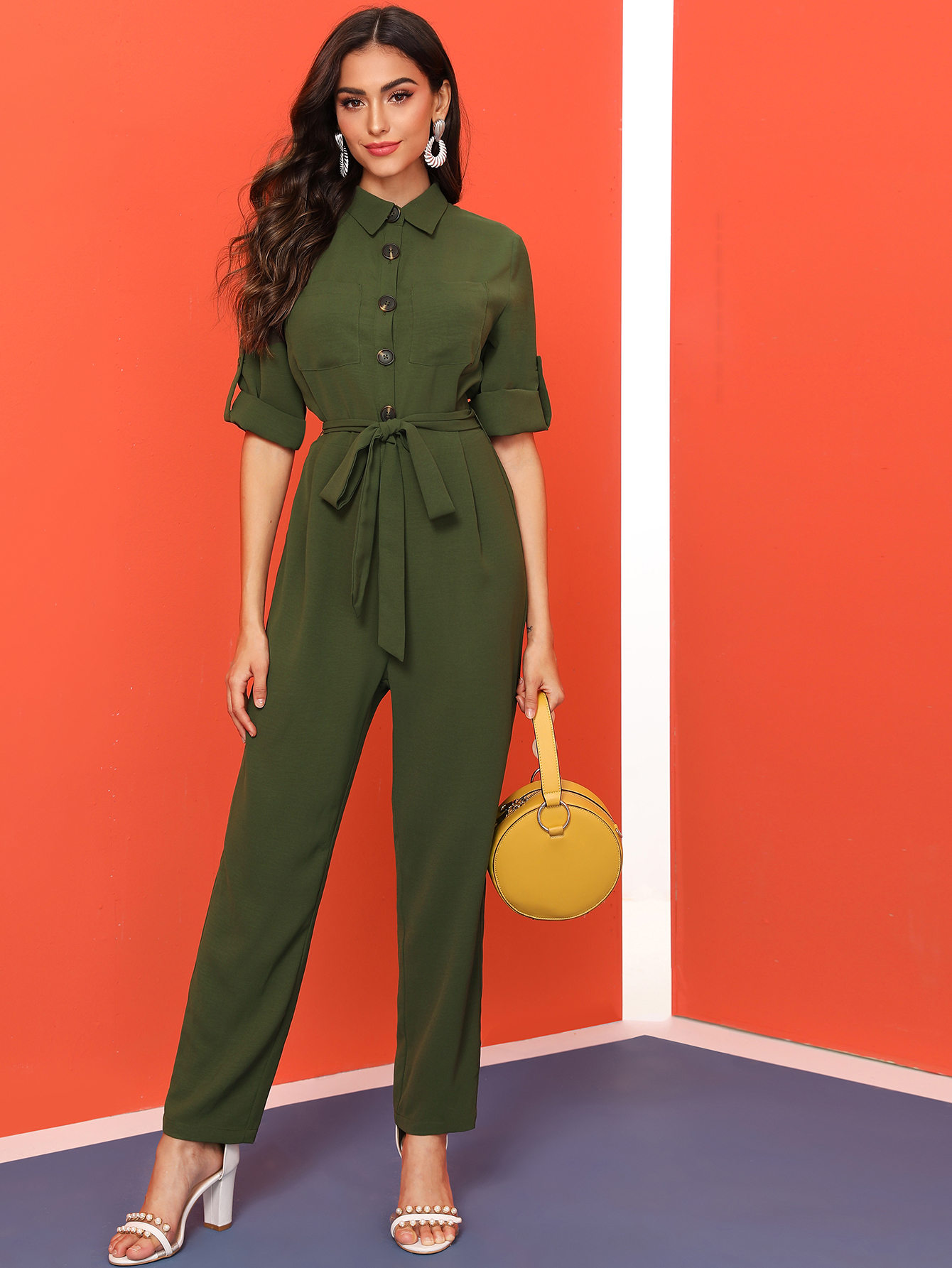 Shein Mulvari Pocket Front Rolled Tab Sleeve Belted Shirt Jumpsuit