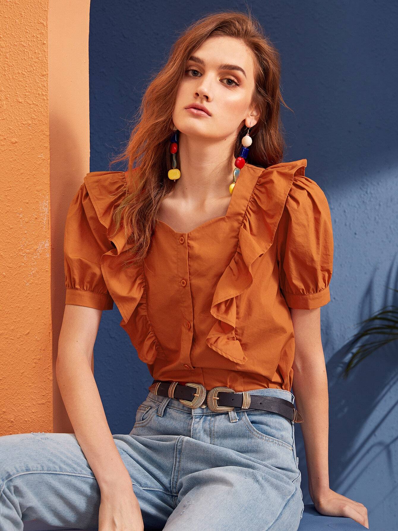 Puff Sleeve Ruffle Detail Button Front Top