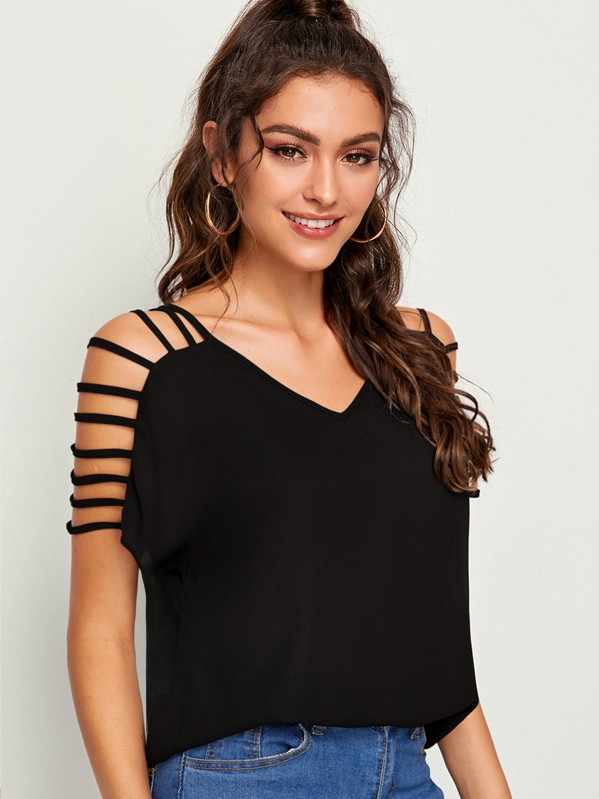 SHEIN LUNE V-neck Laddering Cutout Shoulder Top | SHEIN USA