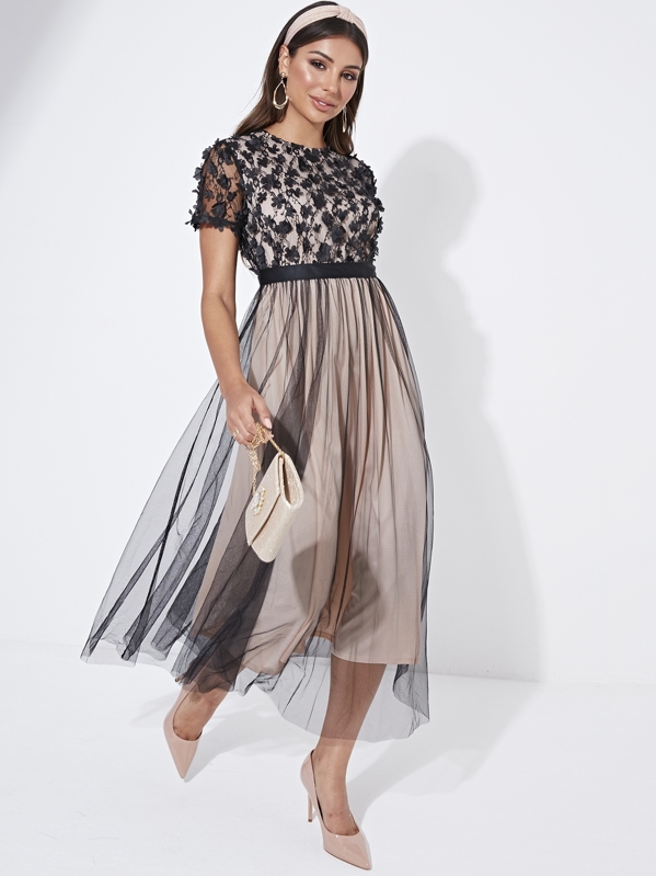 Shein Modely 3d Appliques Mesh Overlay Fit And Flare Dress Shein Usa