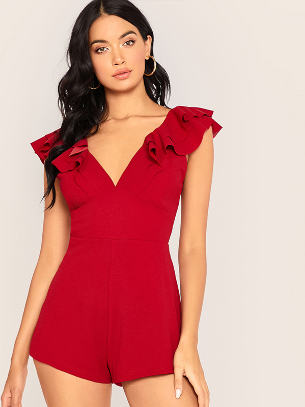 SHEIN BAE Criss-cross Backless Ruffle Trim Mini Romper | SHEIN USA