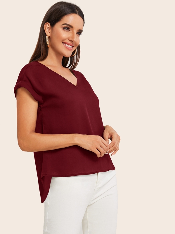 SHEIN LUNE Solid V-Neck Rolled Sleeve Top | SHEIN USA