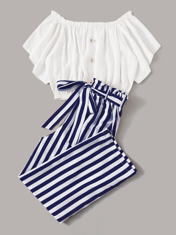 Shein Lune Frilled Button Bardot Top And Striped Paperbag Waist Pants Set
