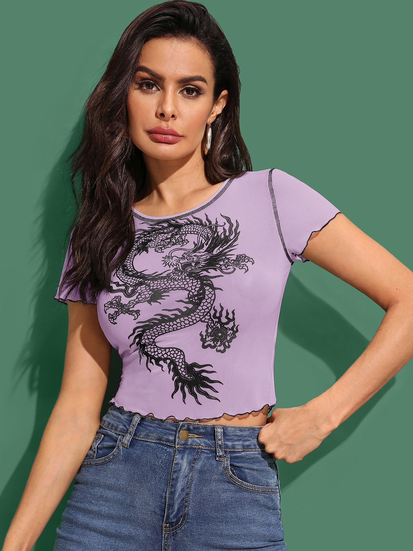 Contrast Trim Lettuce Trim Dragon Print Top
