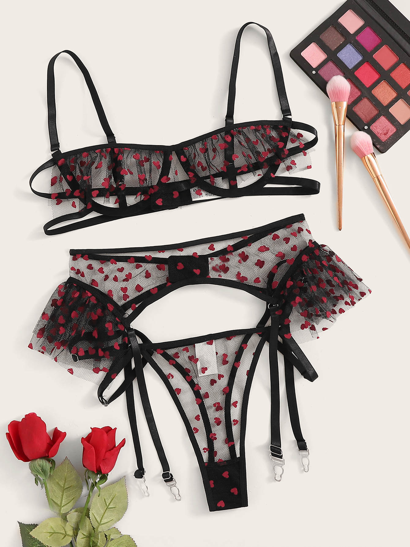 Heart Print Garter Sheer Lingerie Set | SHEIN USA