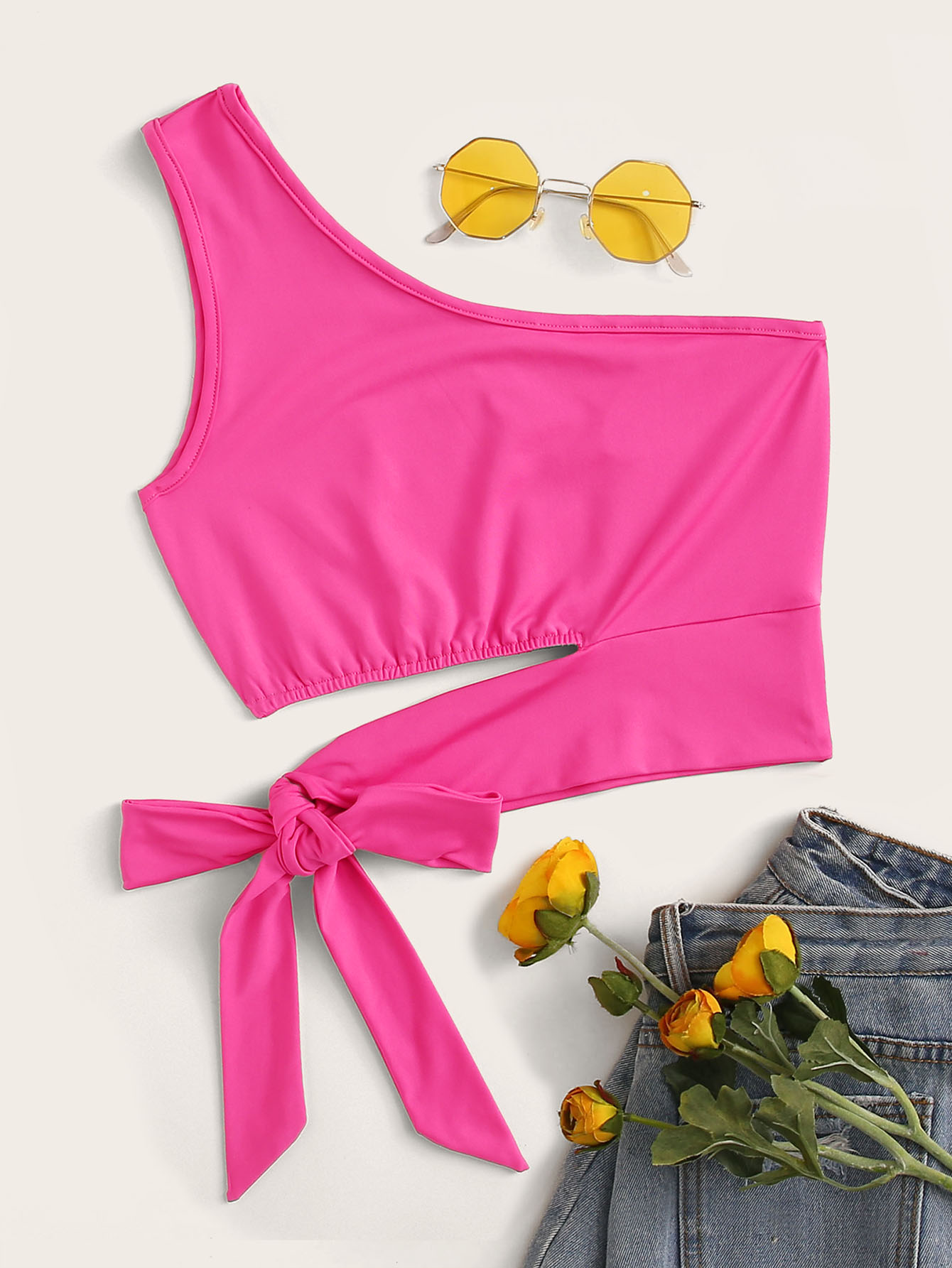 Neon Pink One Shoulder Tie Side Top
