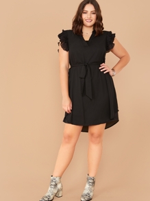SHEIN Plus Ruffle Armhole Curved Hem Belted Dress | SHEIN USA