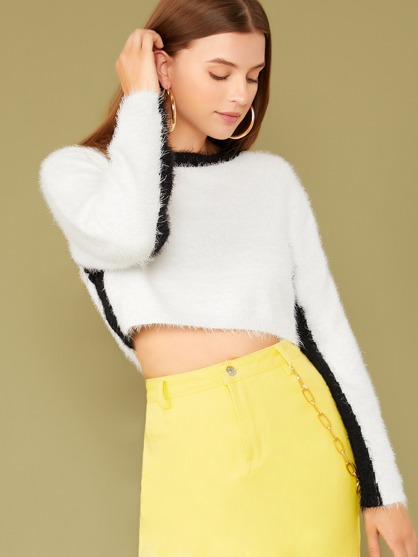 Contrast Panel Crop Fuzzy Sweater
