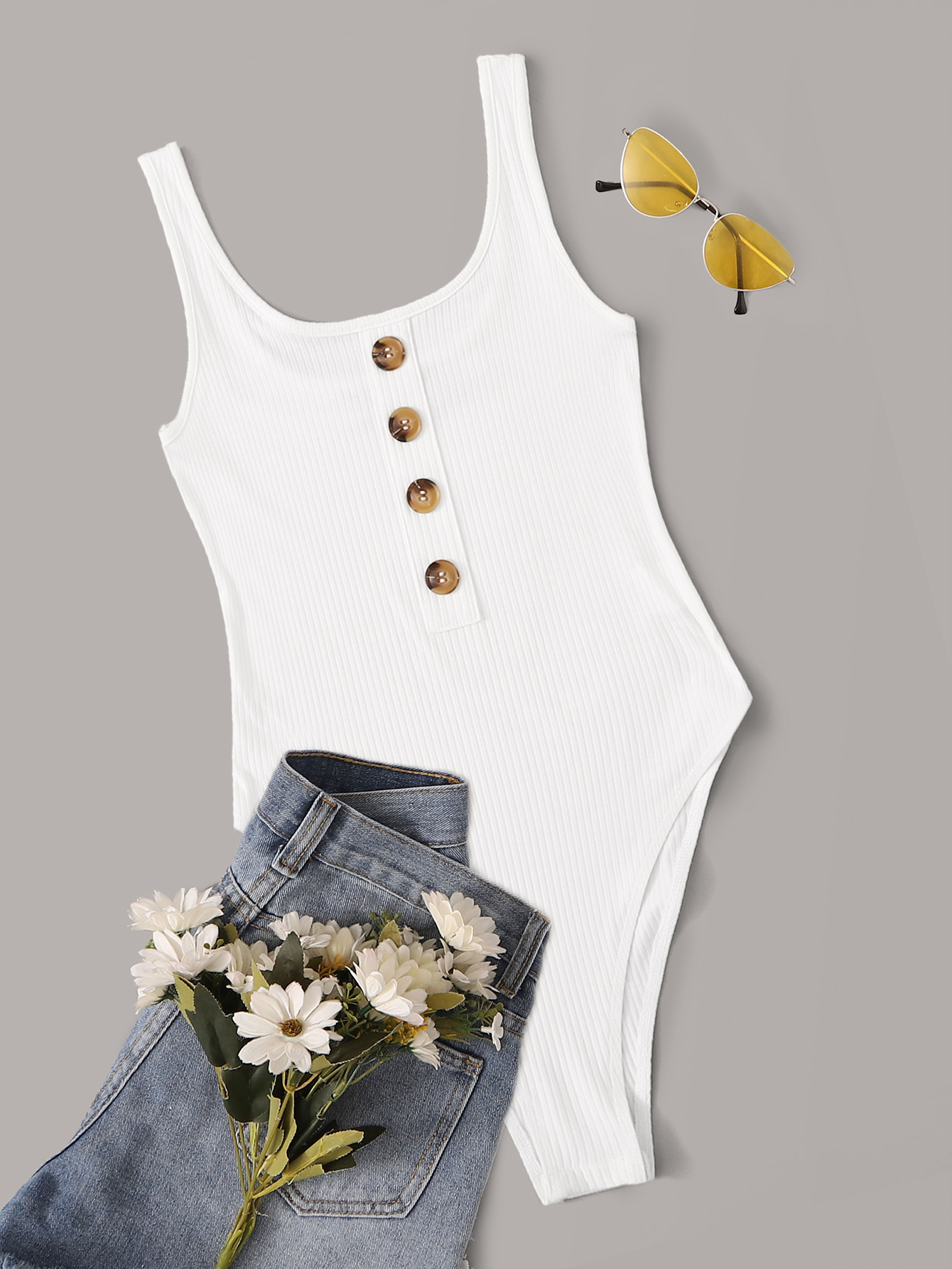 Shein Ezwear Body Tank Tejido De Canalé Con Botón Delantero Moda De