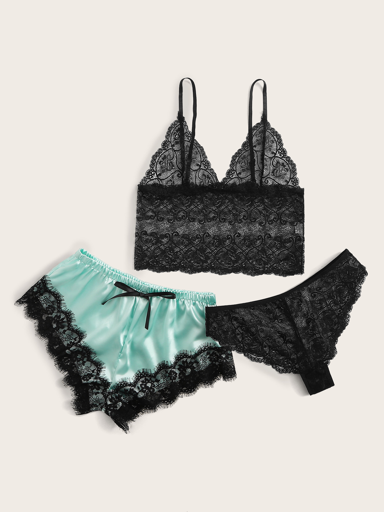 Floral Lace Lingerie Set With Satin Shorts 3pack Romwe