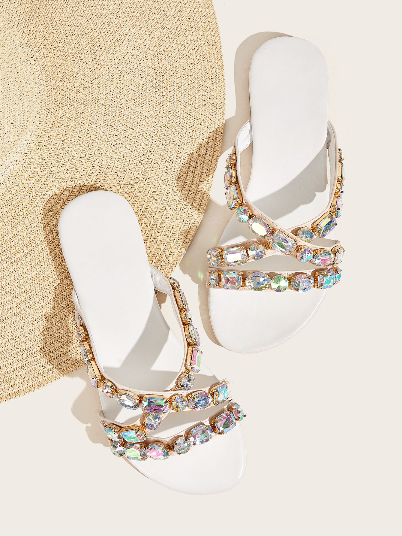 Jewelled Decor Cross Strap Sliders