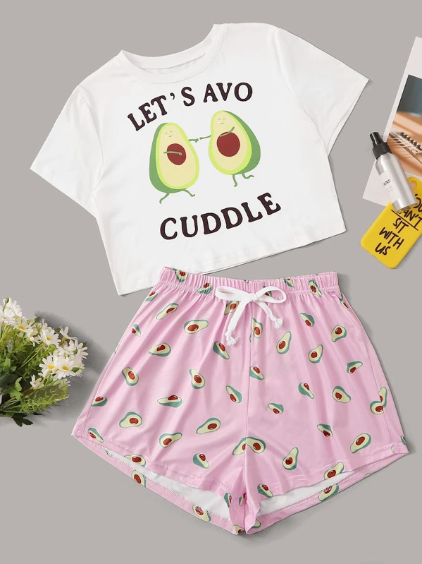 Avocado & Letter Print Pajama Set | SHEIN USA