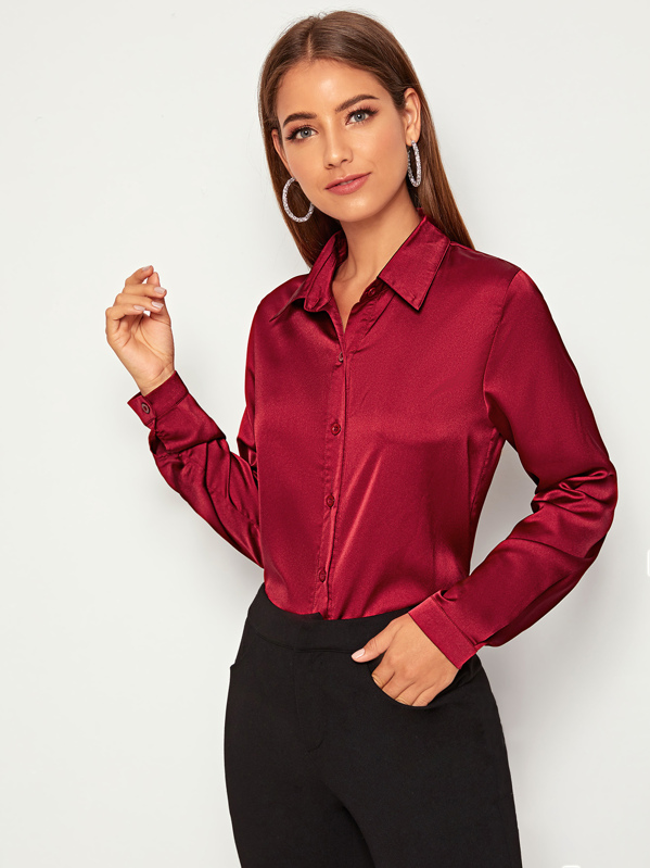 Solid Button Front Satin Shirt | SHEIN USA