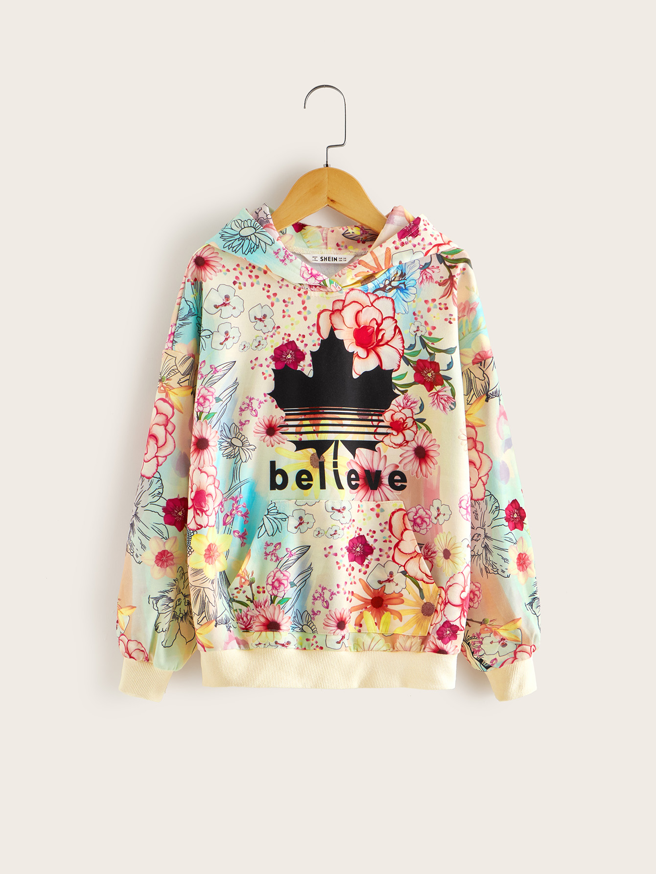 Girls Pocket Front Floral Print Hoodie