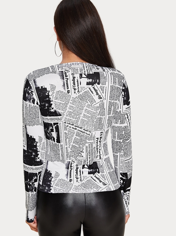 SHEIN Essnce Newspaper Print Fitted Tee | SHEIN UK