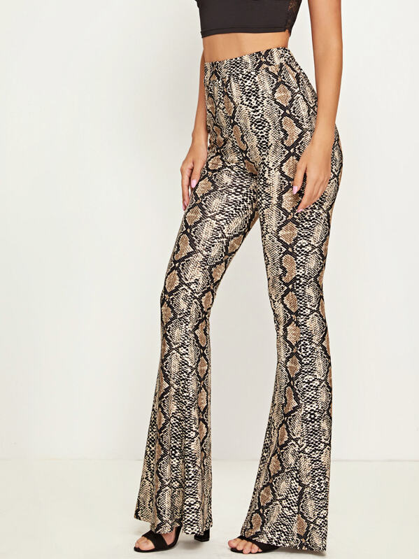 Snakeskin Print Flare Leg Pants | SHEIN USA