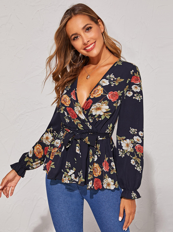 SHEIN LUNE Floral Print Self-Tie Belted Top | SHEIN USA