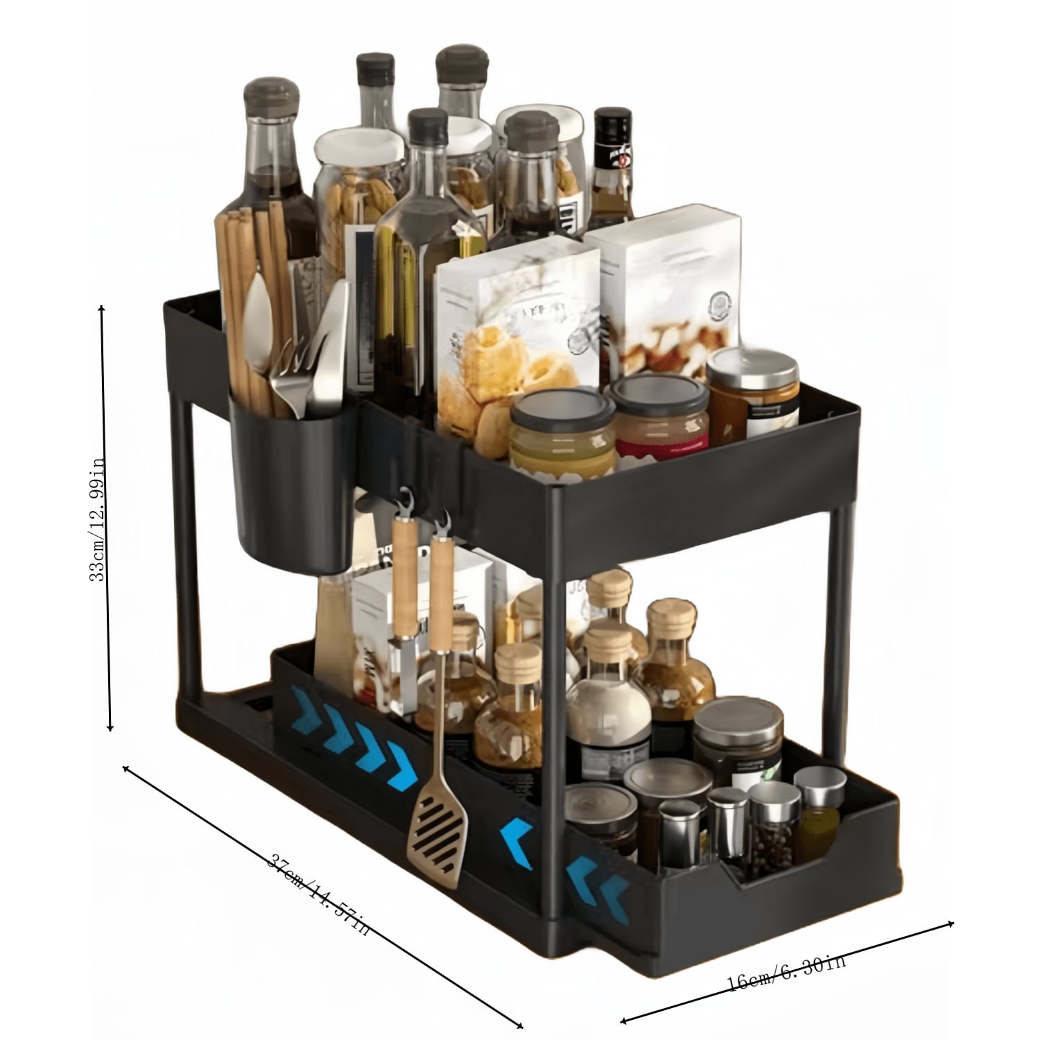 1pc Double-Layer Black Sliding Kitchen Storage Rack With Metal Support ...