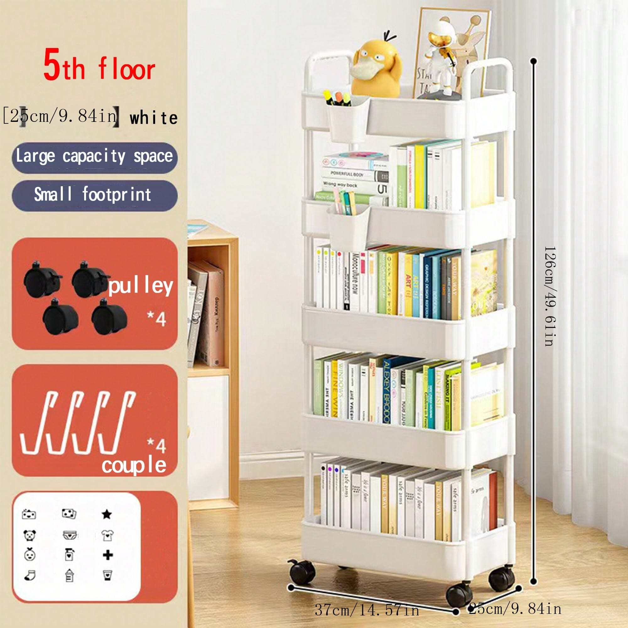5-Layer Small Trolley Bookshelf Kitchen Bathroom Toilet Mobile Storage ...