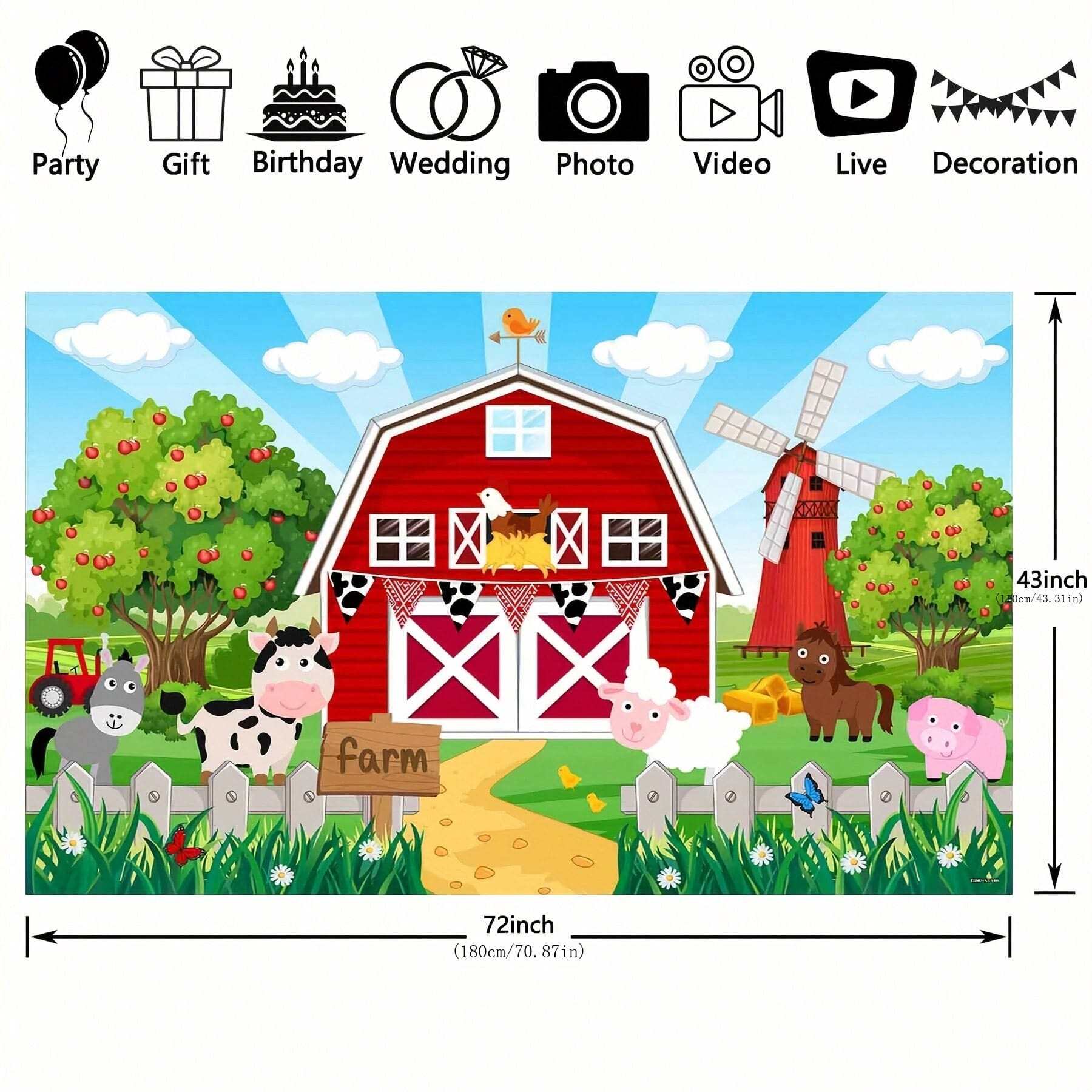 1pc Farm Polyester Photography Backdrop, Cartoon Farm Animals Birthday ...