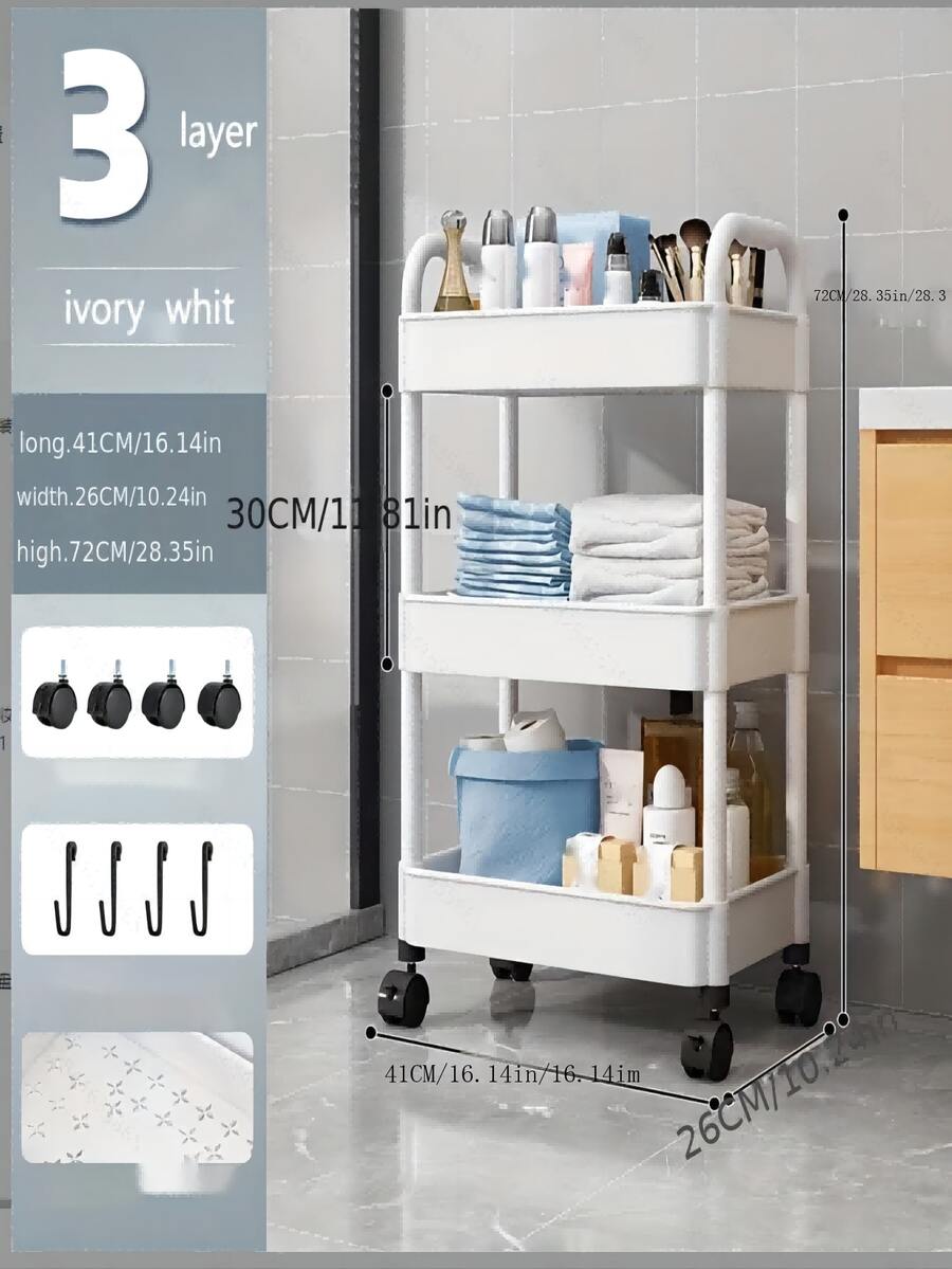 Luxurious Bathroom Mobile Cart With 3 Tiers, Wheels, Multiple Compartments For Storage Of ...