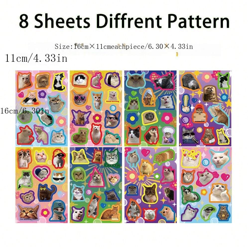 8 Sheets Cute Cat Cartoon Graffiti Stickers Waterproof Diy Stickers