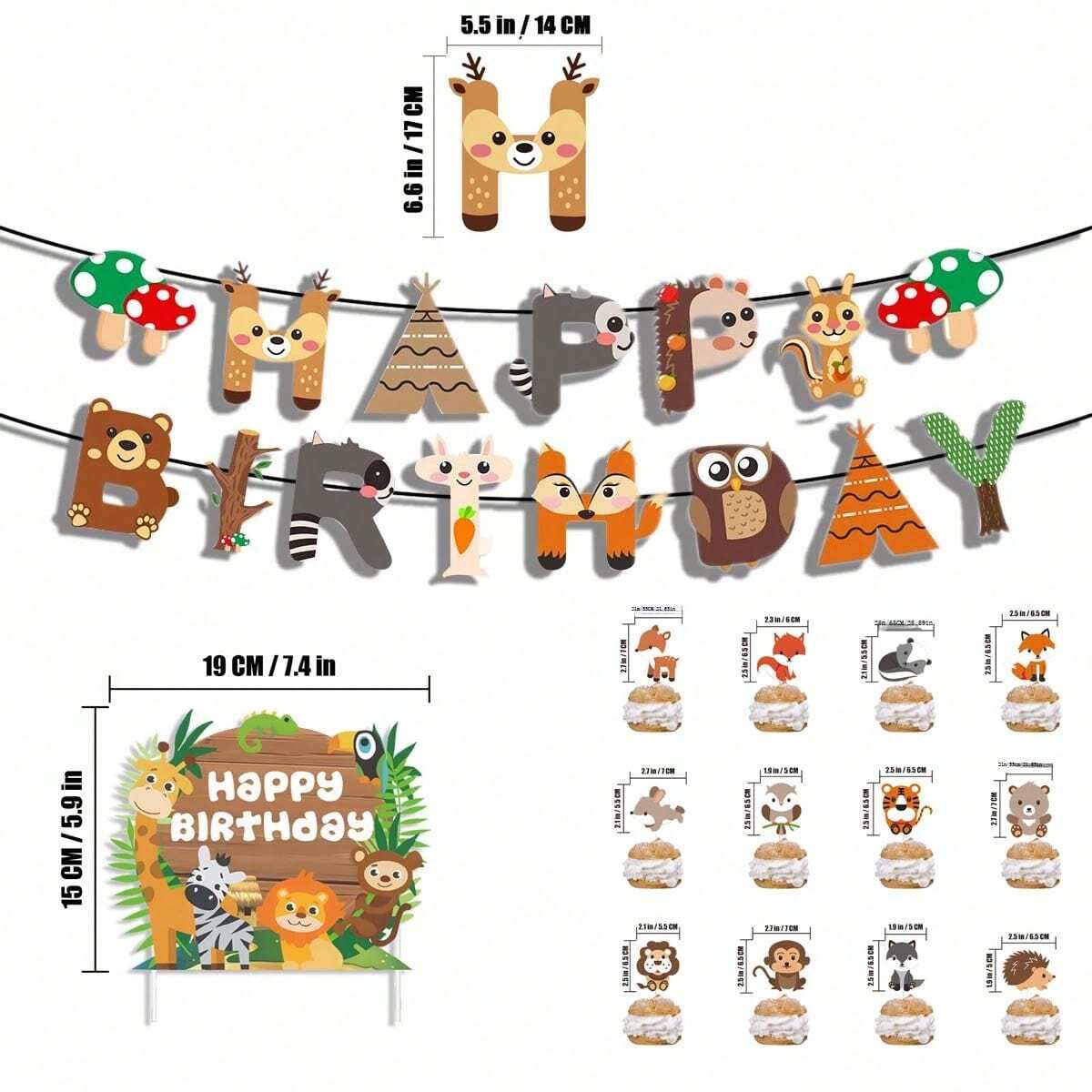 1 Set, Cartoon Forest Animal Themed Birthday Banner Cake Decoration Set ...