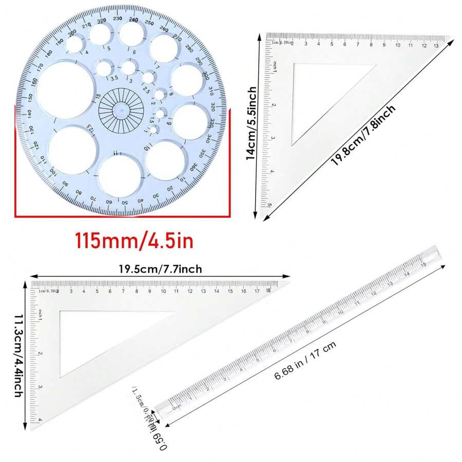 4 Pcs Plastic Clear Ruler Set Round Hollow Ruler With 1 Pc Transparent ...