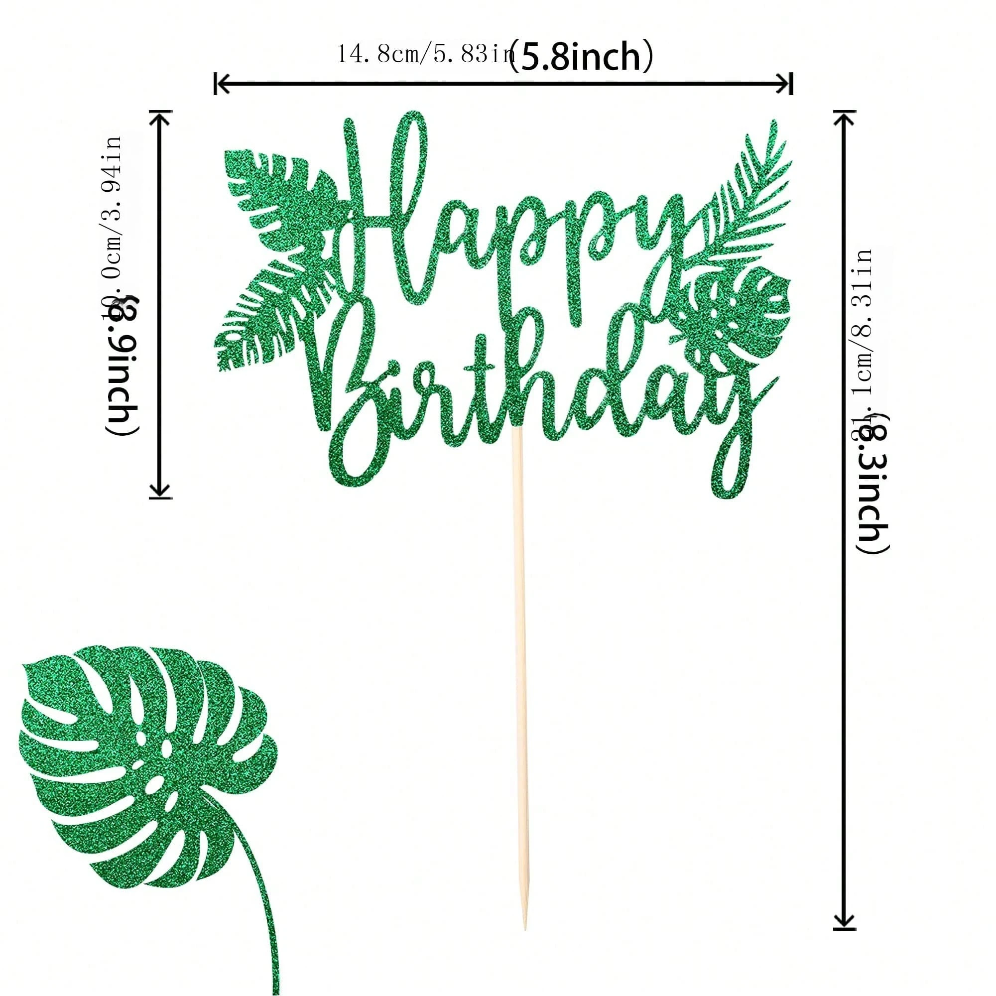 1 Pc Tropical Palm Leaves Happy Birthday Cake Topper Green Glitter ...