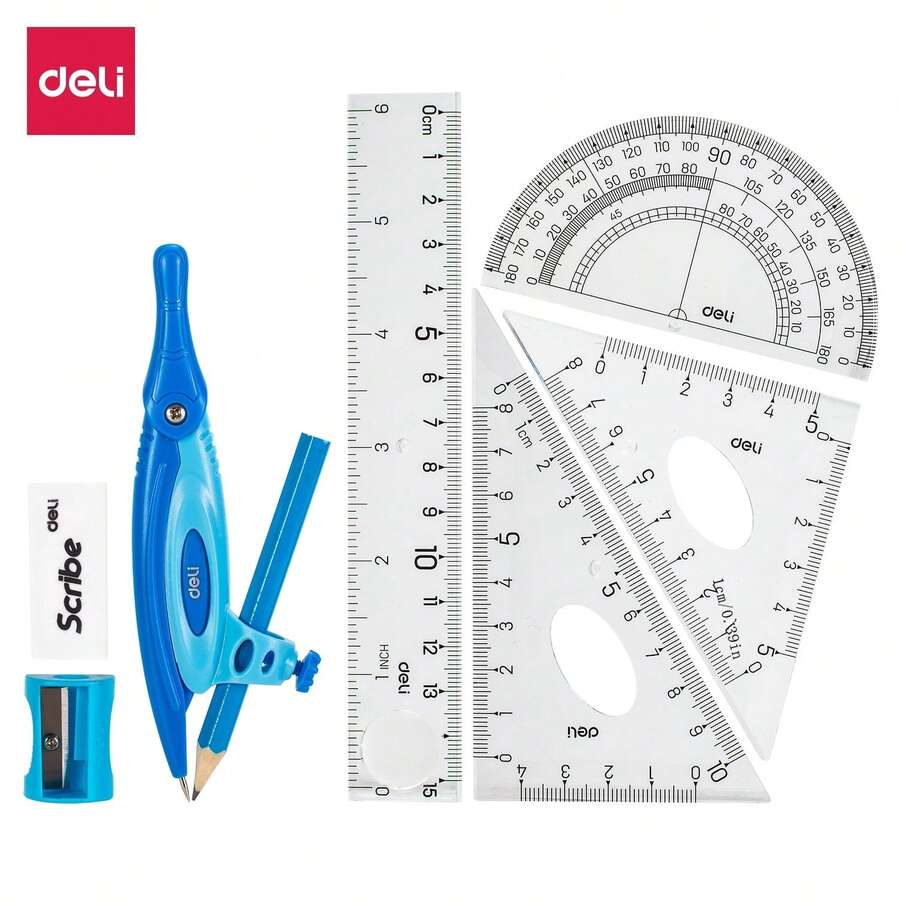deli Deli 8 Pcs Blue Compass Math Drafting Set, Multiple Function, Four ...