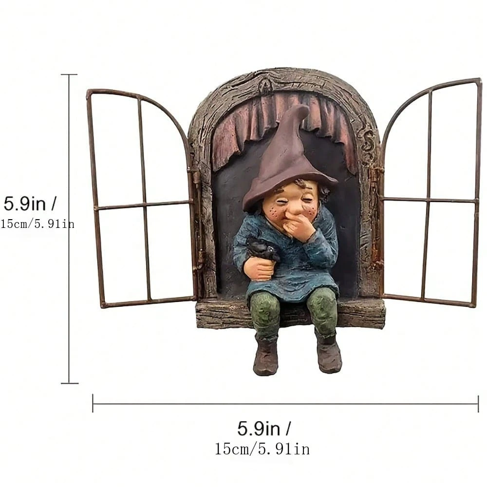 Garden Gnome Statue Decorations, Double Door Window Gnome Tree Decor ...