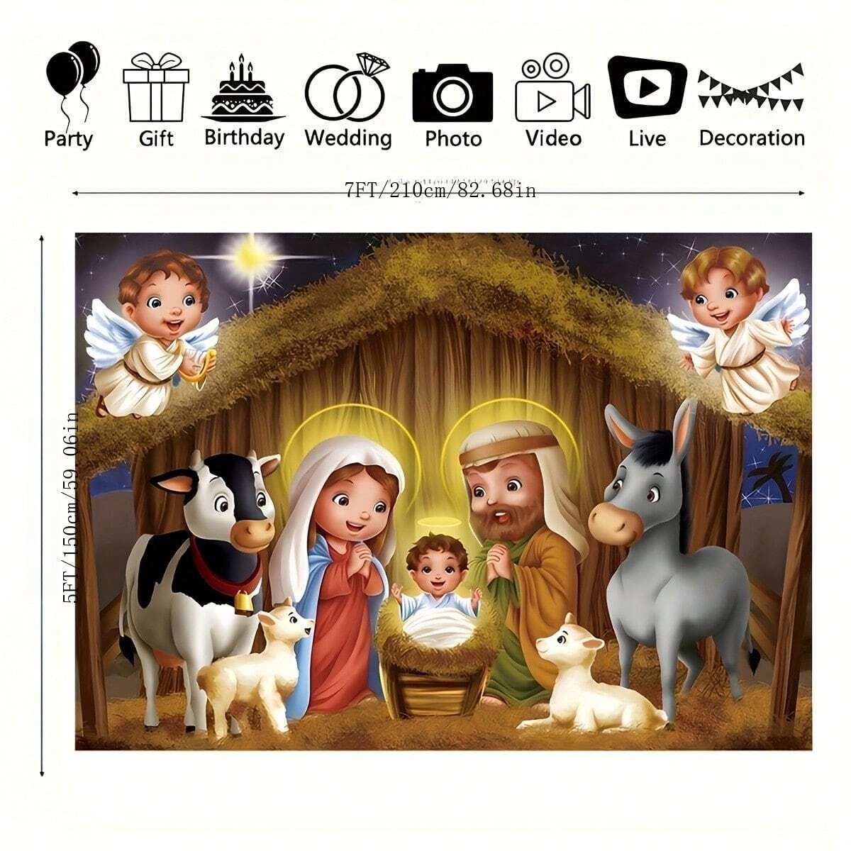 Polyester Nativity Scene Backdrop - Starlight Holy Family, Three Kings ...