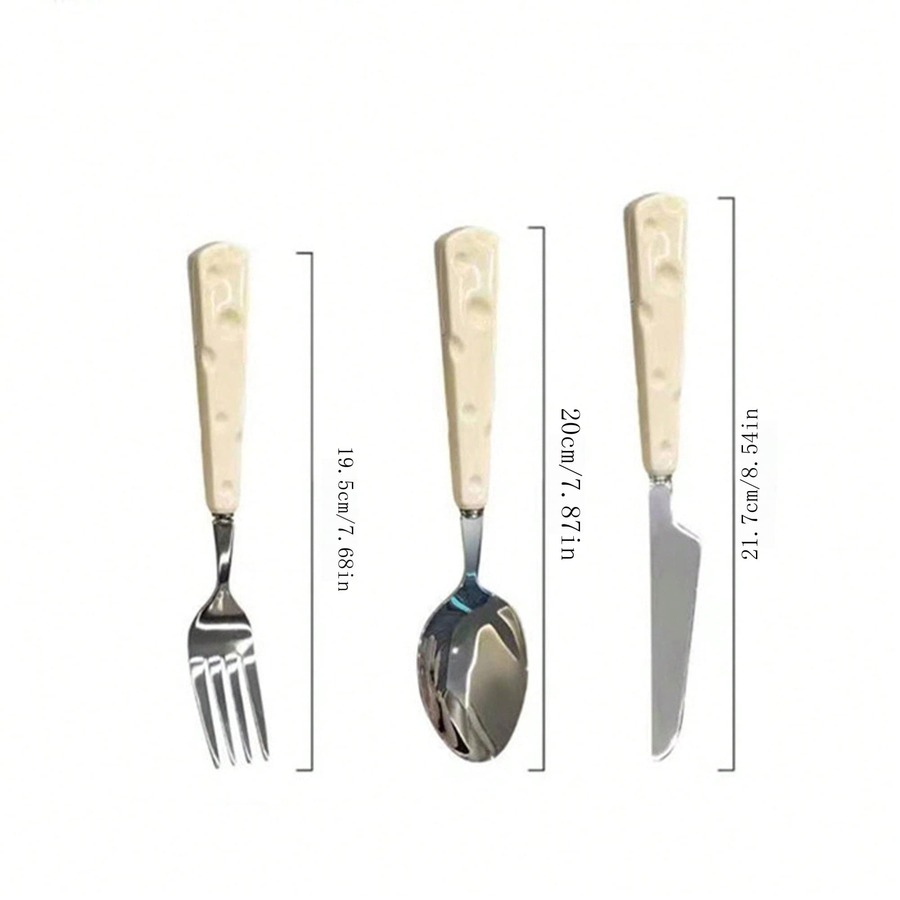 3pcs Stainless Steel Cream Style Ceramic Handle Cheese Knife, Fork ...