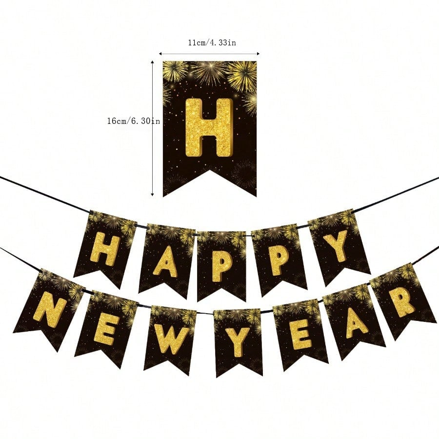 1 Set 2025 HAPPY NEW YEAR Fireworks & Black Gold New Year Banner ...