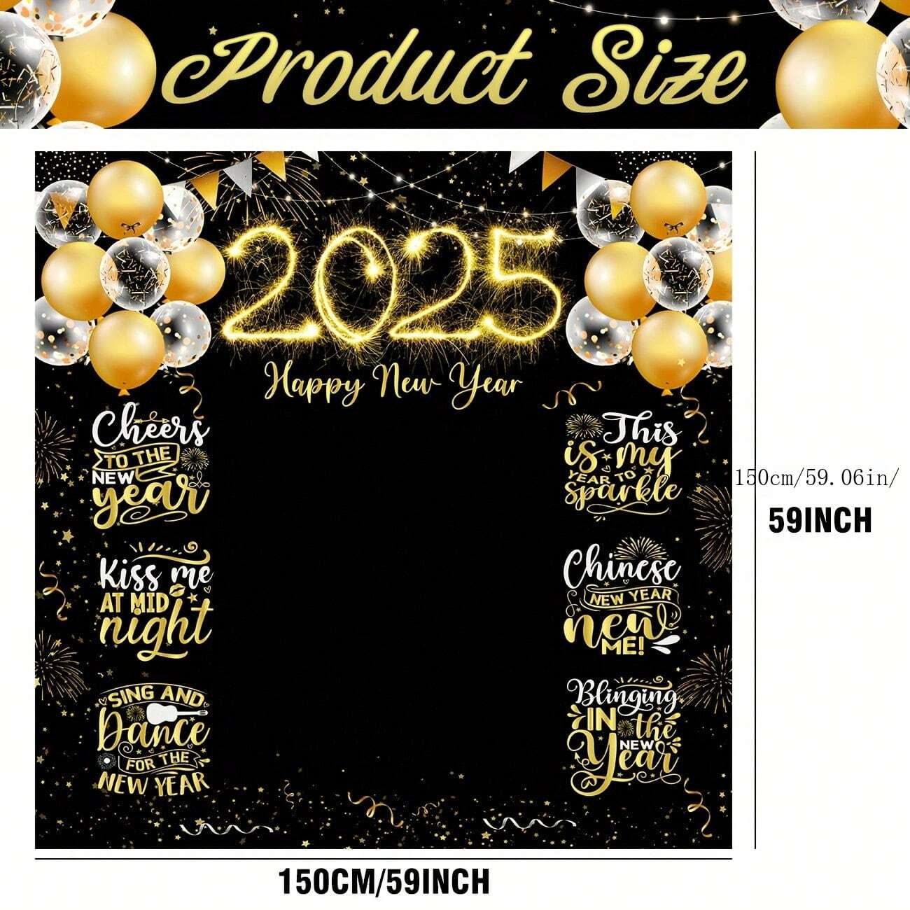 New Year Decoration 2025 New Year Eve Party Banner Happy New Year 2025 Backdrop Black Gold New ...