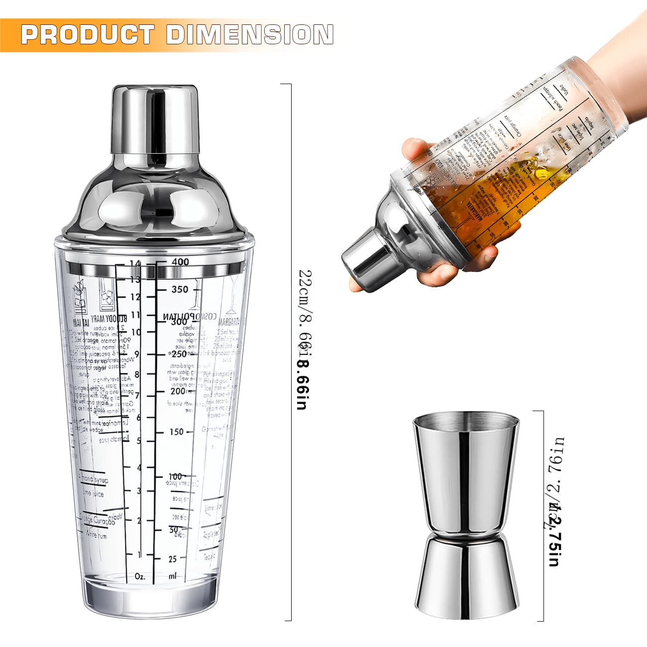 Glass Cocktail Shaker Set With Measurable Scale And Stainless Steel Lid ...