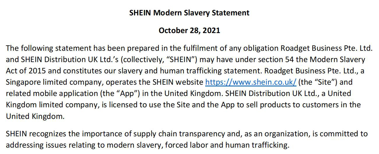 SHEIN Modern Slavery Statement | SHEIN UK