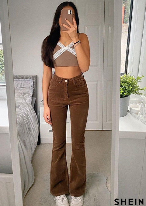 Shein Essnce High Waist Flare Leg Corduroy Pants Shein