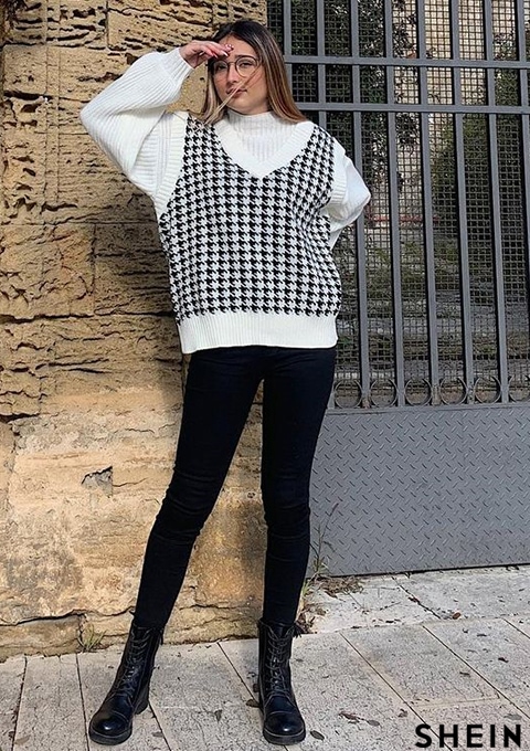 Shein Unity Houndstooth V Neck Oversized Sweater Vest Shein Uk