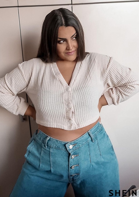 SHEIN EZwear Plus Waffle Knit Button Up Crop Top | SHEIN USA