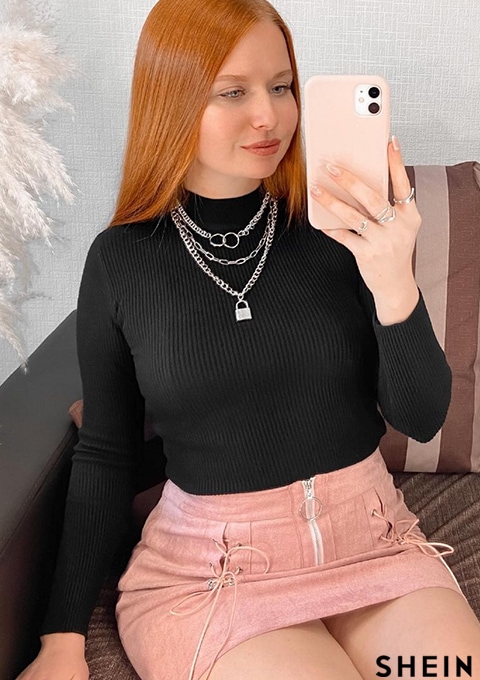 Shein Solid Mock Neck Ribbed Knit Sweater Shein Usa