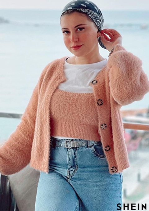 SHEIN Qutie Button Front Fuzzy Knit Cardigan With Cami | SHEIN USA