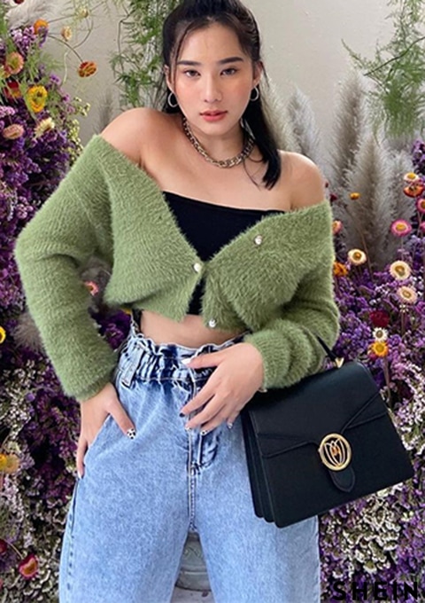 SHEIN EZwear Pearl Button Up Fuzzy Cardigan | SHEIN UK