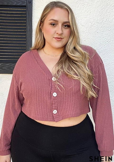 SHEIN EZwear Plus Waffle Knit Button Up Crop Top | SHEIN USA