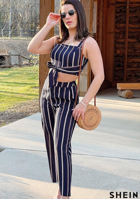 SHEIN VCAY Striped Tie Front Cami Top & Wide Leg Pants | SHEIN USA