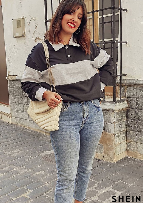 SHEIN Polo Collar Colorblock Sweatshirt | SHEIN USA
